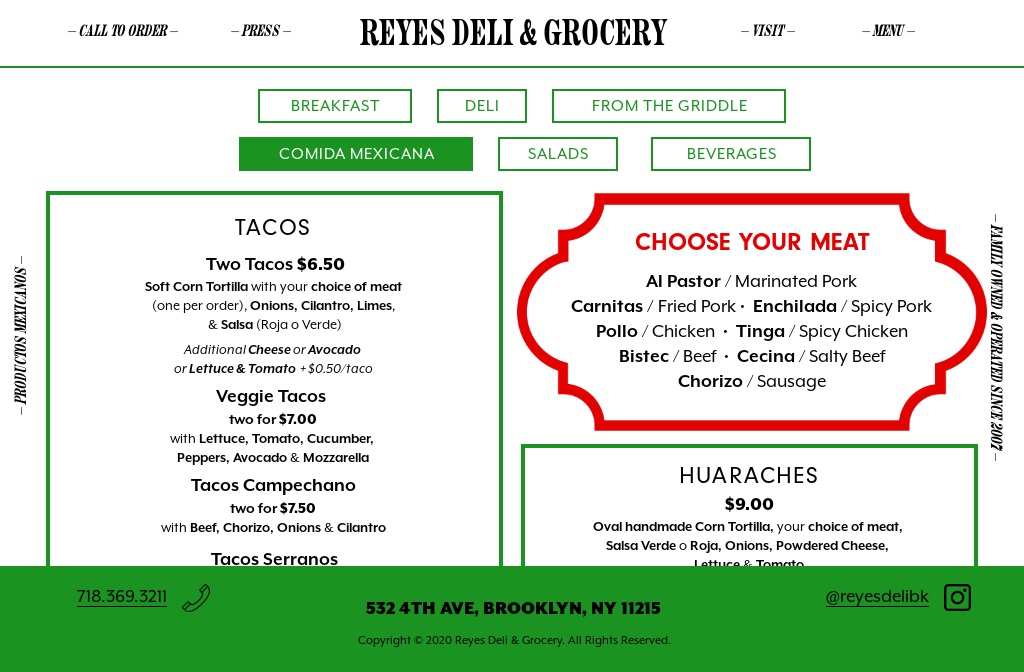 Reyes Deli & Grocery — Menu - Comida Mexicana