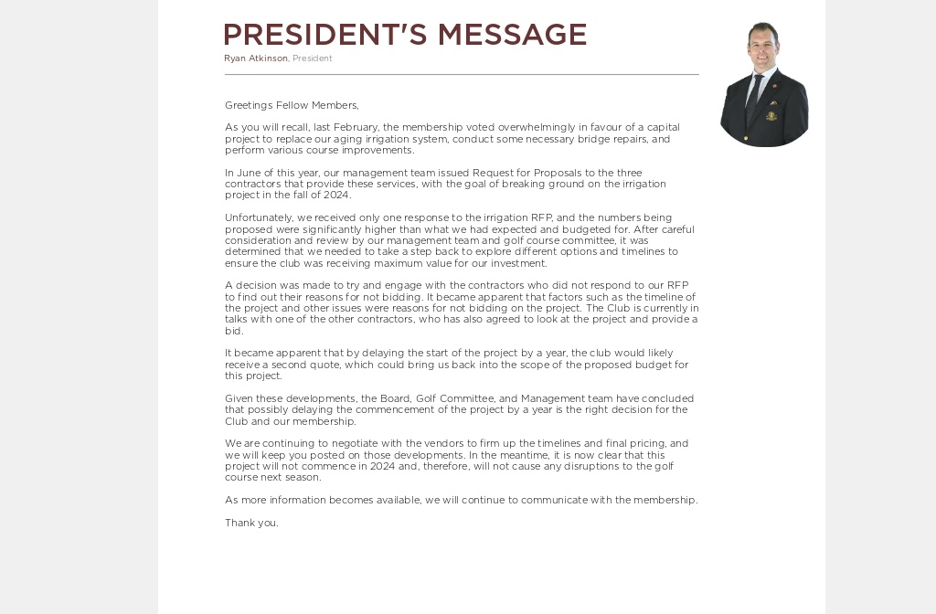 The 19th - December 15, 2023 — President's Message
