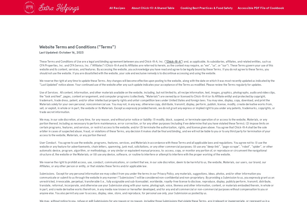 Extra Helpings Cookbook — Website Terms and Conditions